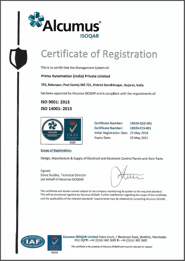 Certificates – Prima Automation (India) Pvt. Ltd.
